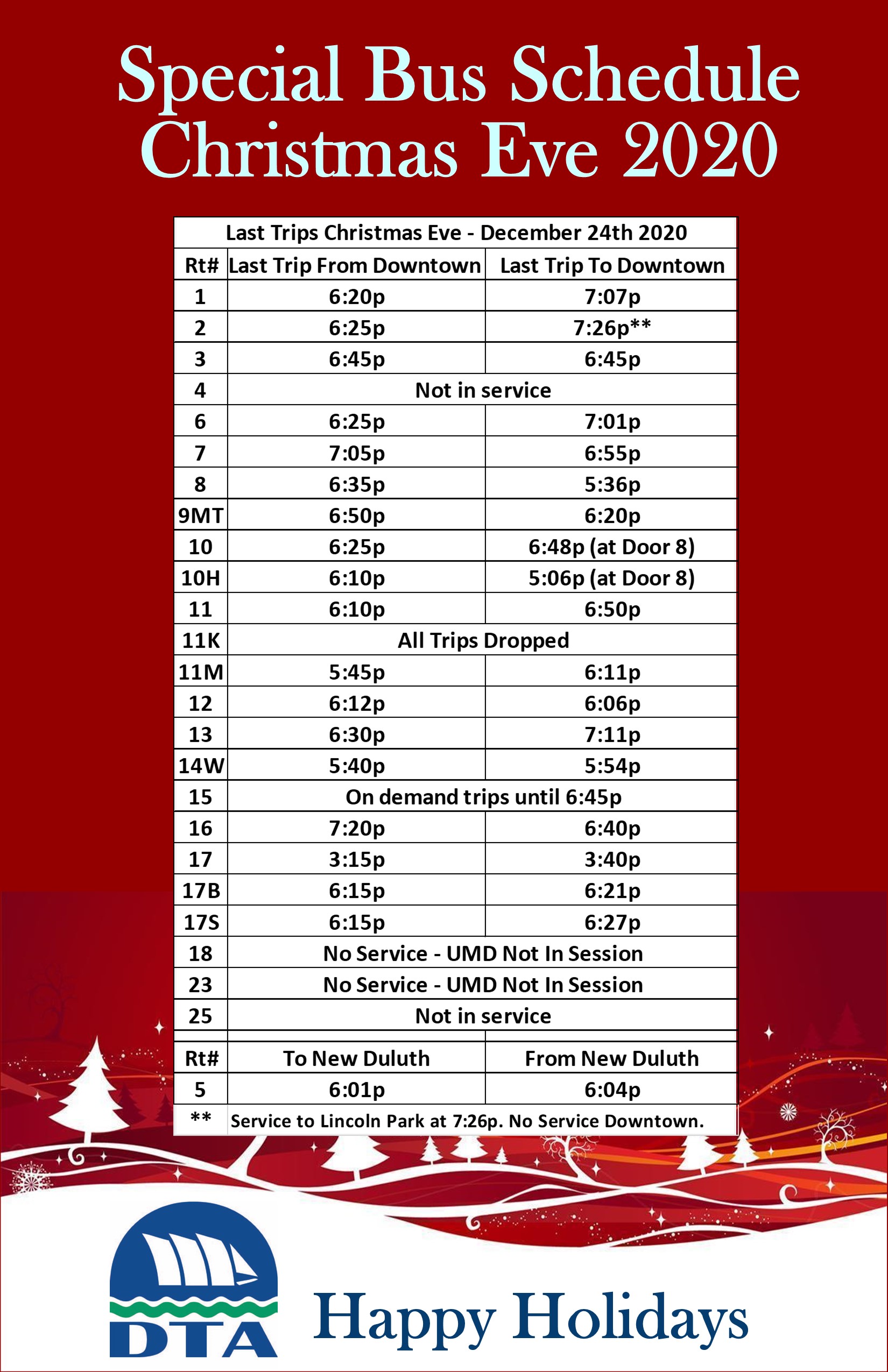 Reminder: Early Curtailment of Service 12/24 - Click Here for Schedule ...